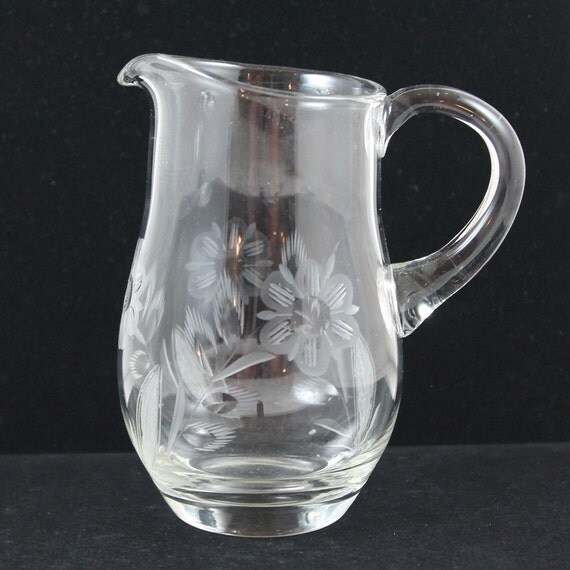 Items similar to Clear Etched Glass Floral Pitcher on Etsy