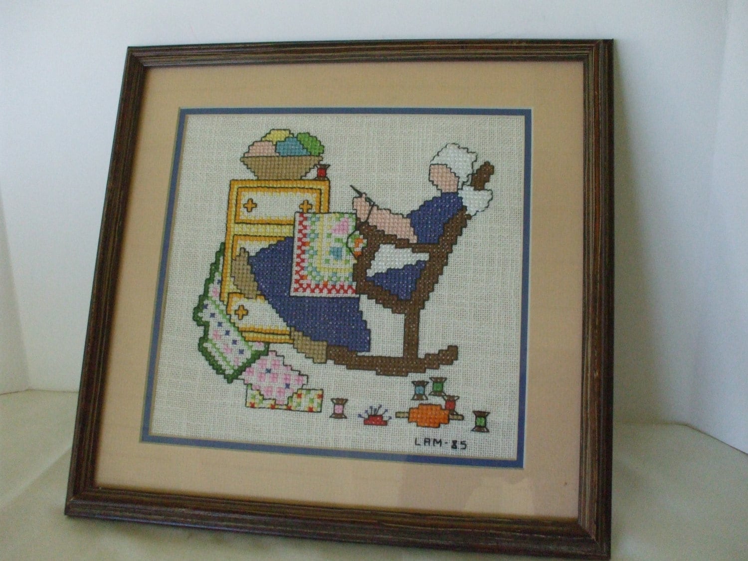 Framed Cross Stitch Grandma Sewing Rocking Chair 1985