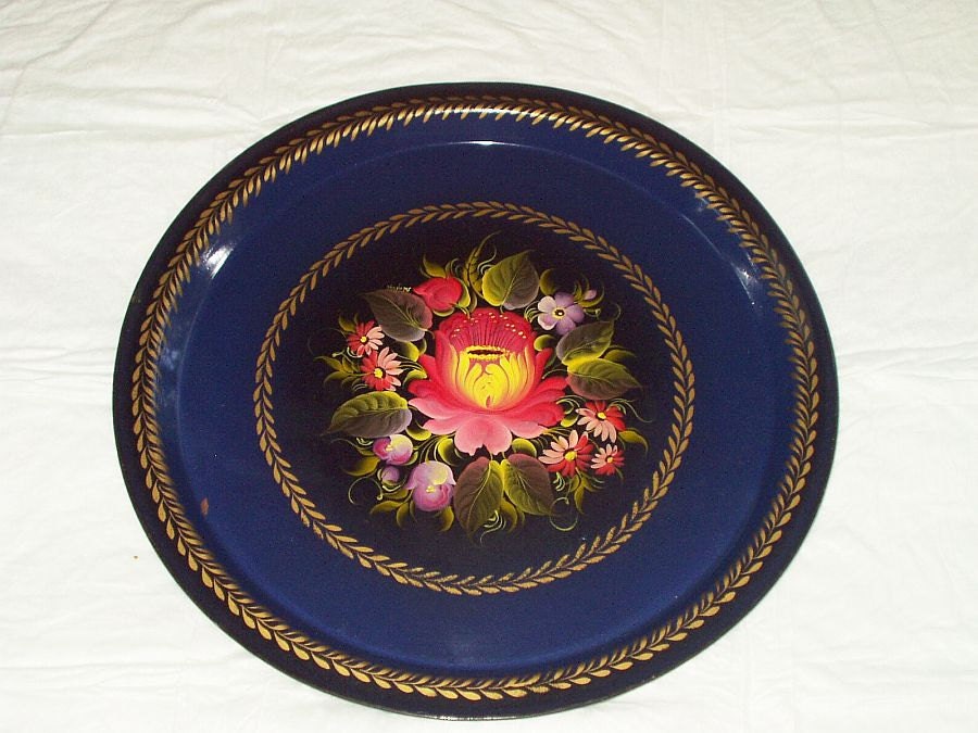 Vintage Tray Handpainted Russian USSR Tole Tray Round Roses Dark Blue ...