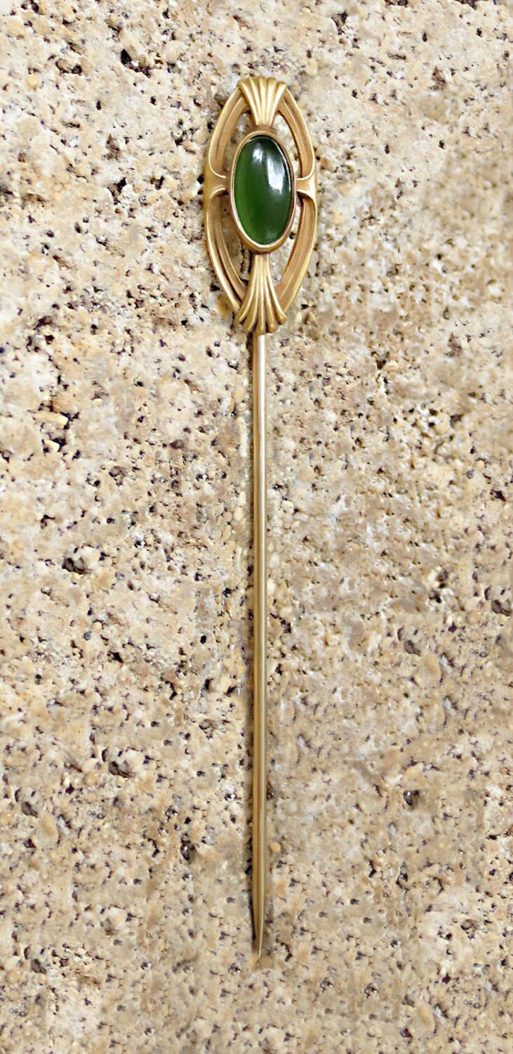 Antique Art Deco Chinese Old Mine JADE Cabochon Stick Pin Hat Pin 14K ...