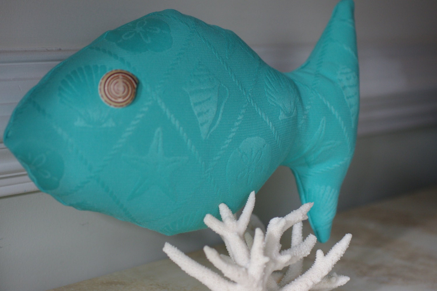 Beach Decor Turquoise Fish Shaped Pillow with Sundial Seashell