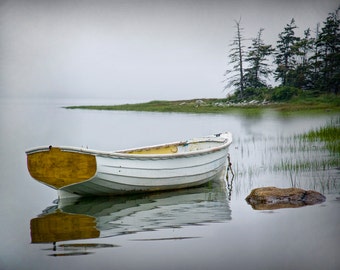 White Dory Wooden Row Boat during high tide on a Misty Morning by Mount ...