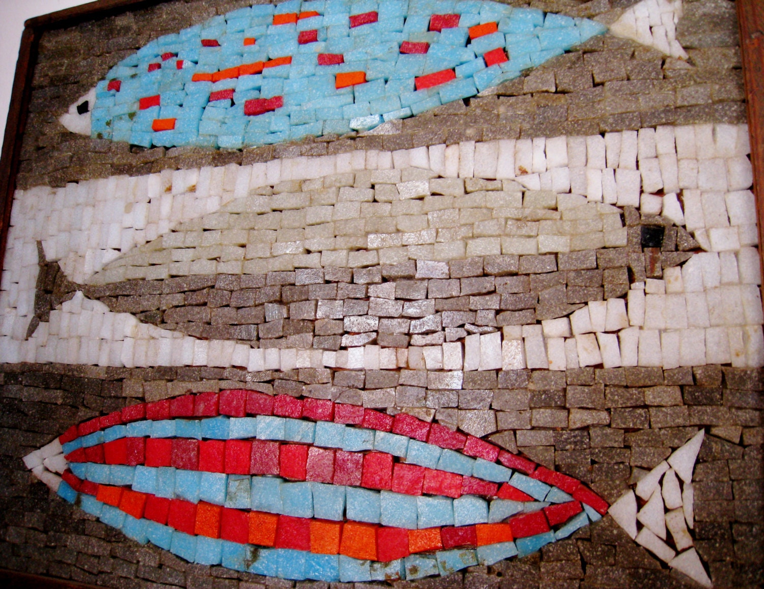 vintage mid century modern fish mosaic Italian tile art piece