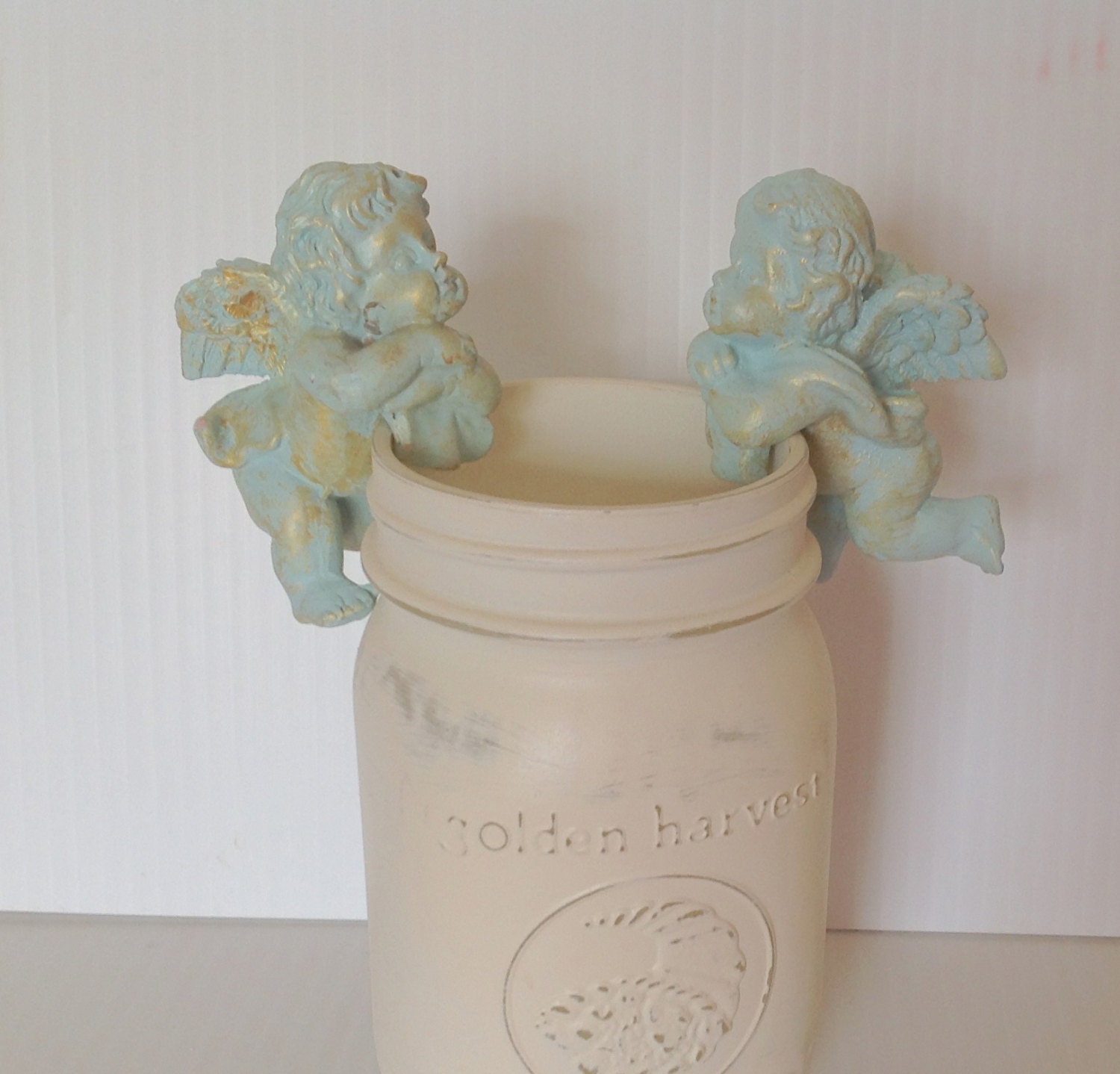 2 Cherub Pot Sitters / Mint Cherub Flower Pot by ReFeatherYourNest