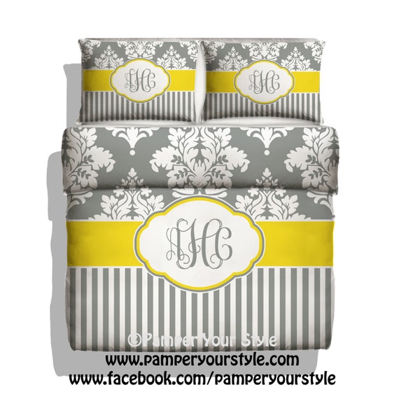 Damask and Stripe Bedding Yellow and Gray Bedding Duvet