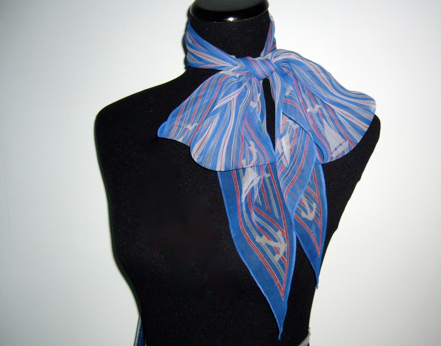 VINTAGE VERA SCARF /Red White Blue Sailboats nautical theme / Chiffon