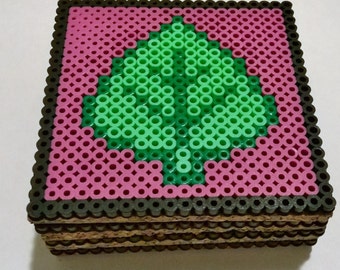 Cork Backed Perler Bead Coaster Set - Leaf on Violet Background - Set of 4