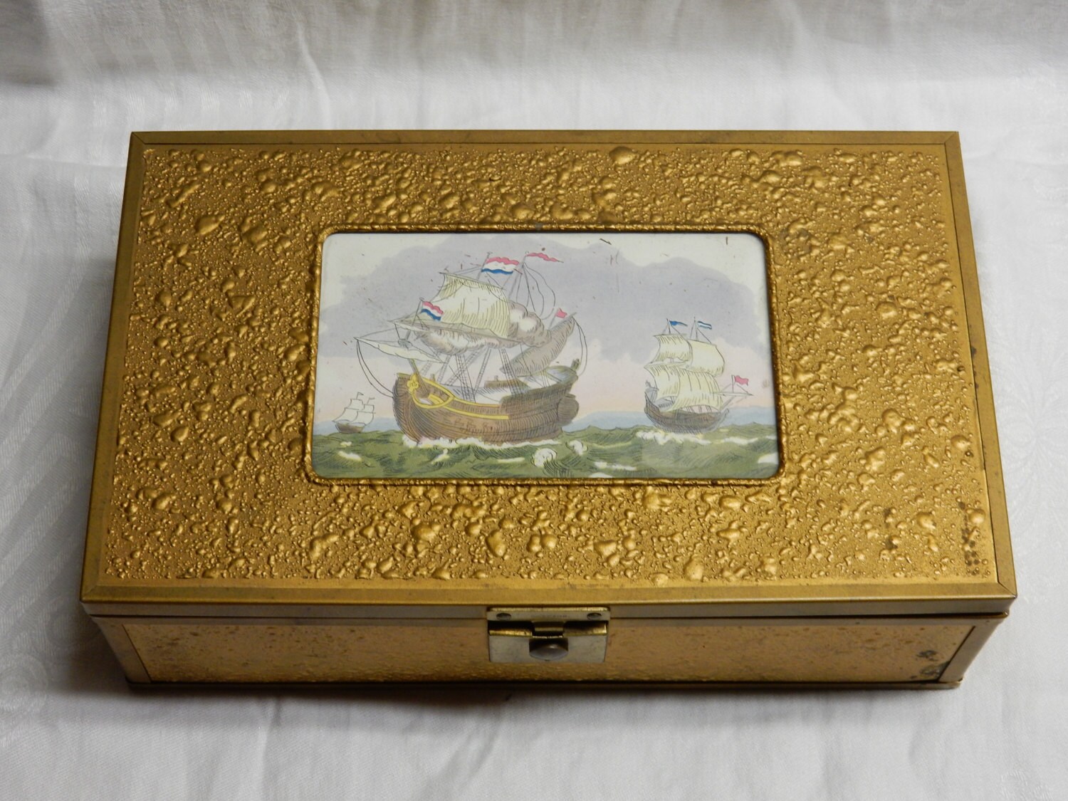 Vintage gold gilt metal box / sailing ships / wood box / metal letter ...