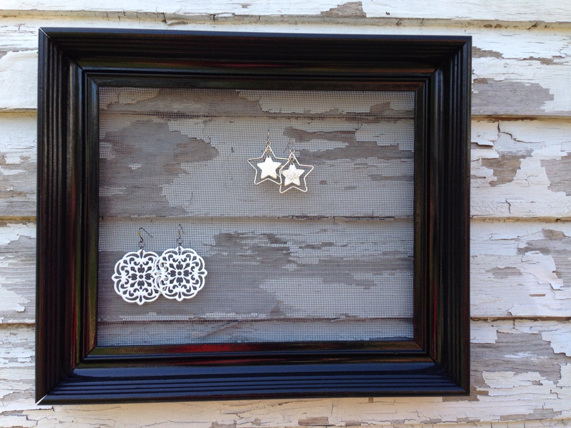 Jet black solid wood jewelry frame display made from upcycled
