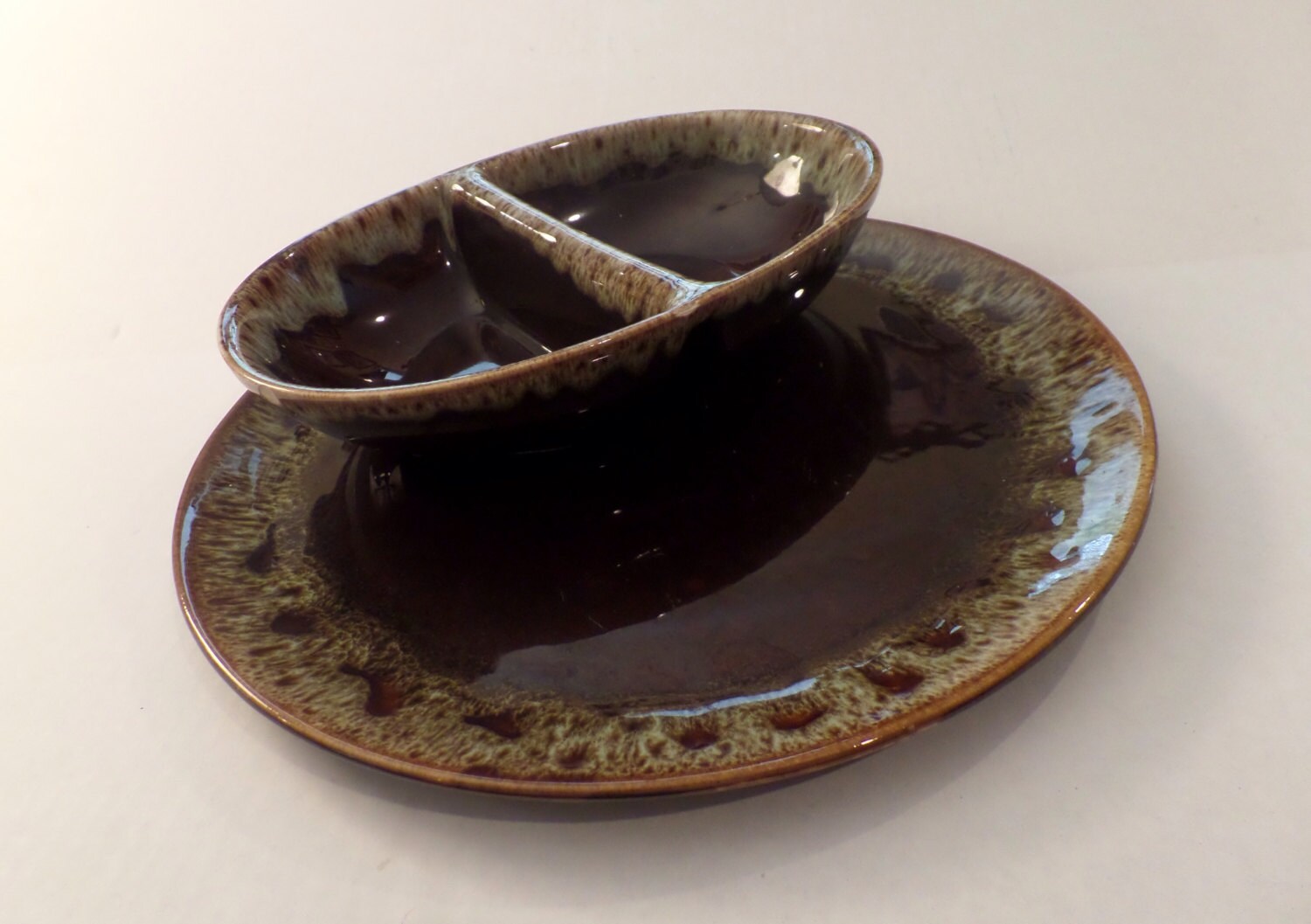 Vintage Drip Pottery Serving Divided Serving Bowl and Platter Set of 2 ...