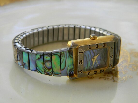 ViNTaGe ABALONE SHELL WATCH QuARTZ STReTCH EXPaNDaBLe WaTCH