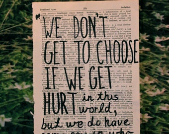 Original ink drawing on naturally antiqued book page, John Green quote