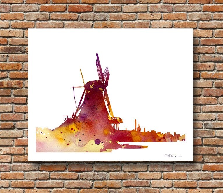 Dutch Windmill Art Print Abstract Watercolor Painting Wall