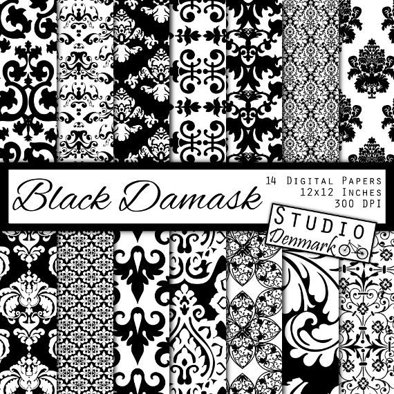 Black and White Damask Digital Paper – Black Damask Commercial Use ...