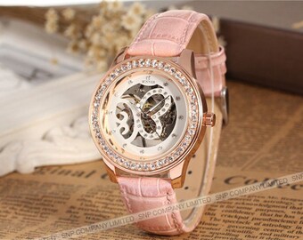 Pink ladies' mechanical skeleton watch - women watch - gems Genuine ...