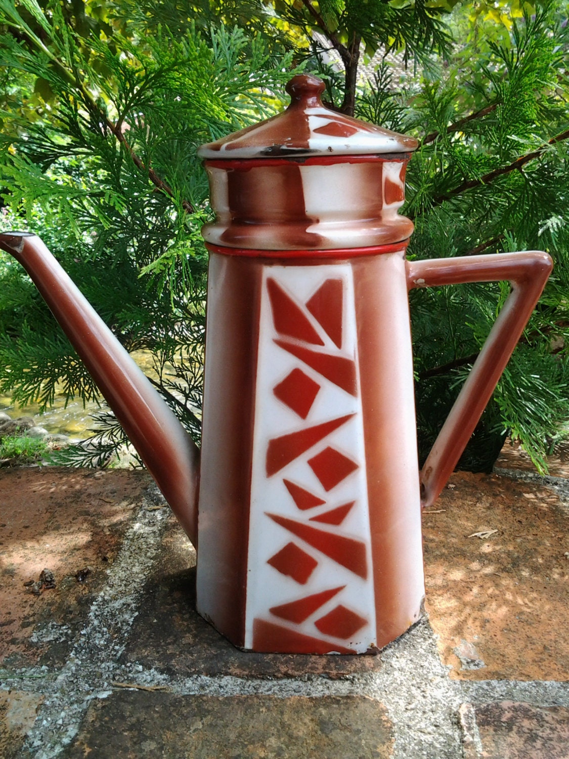 Lovely French enamel coffee pot art deco geometric design red and brow ...