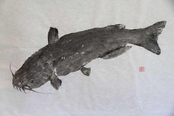 CATFISH Namazu Original Gyotaku traditional by FishingForGyotaku