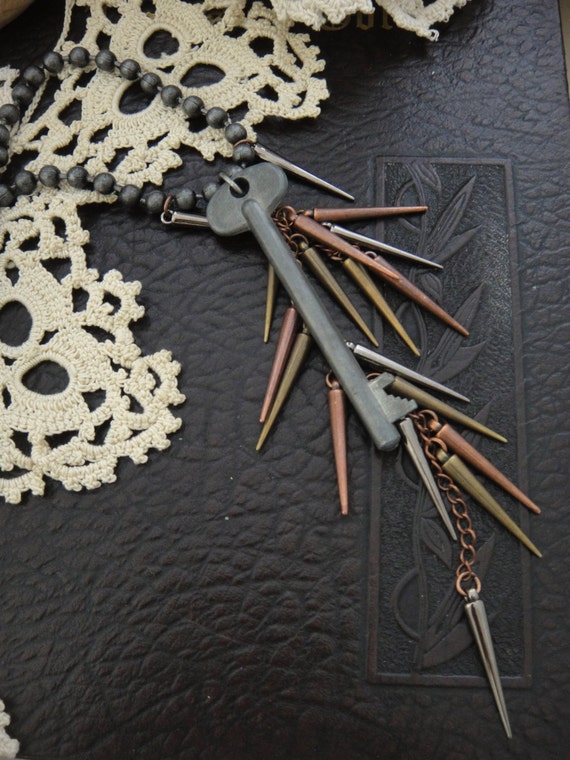 Spike Key Necklace with Large Key and Spikes on Ball Chain