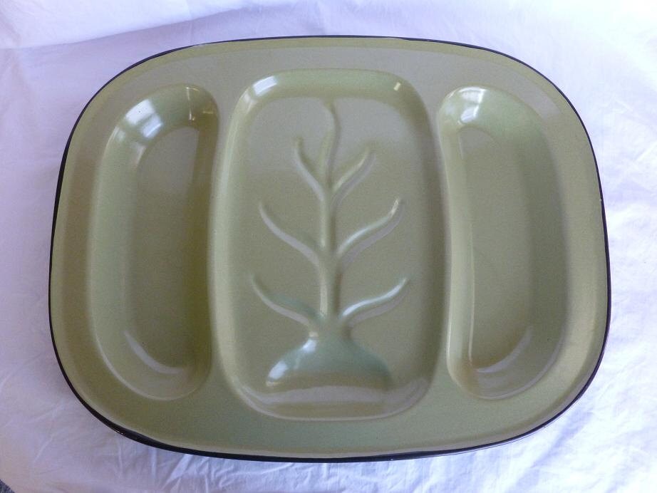 Mid Century Modern Divided Meat Platter Serving Tray Enamelware Metal ...