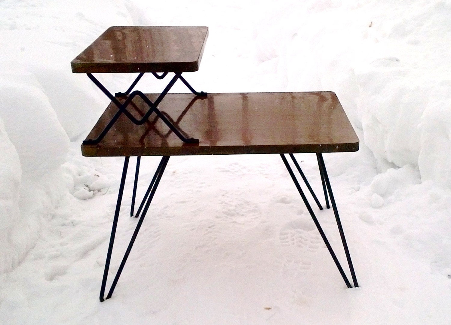 Vintage Mid Century Modern Wood Laminate Two Tier Step Back End Side ...