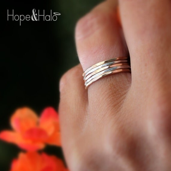 Items similar to Gold and Silver Stacking Rings - Set of 5 Skinny Mixed ...