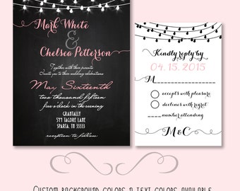 Shabby Chic Wedding Reception Invitation chalkboard printable modern string light invite n RSVP ...