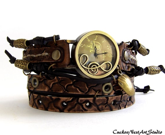 Musical note watch Leather wrist watch Hand tooled wrap