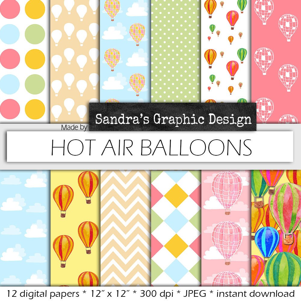 Hot air balloons digital paper: “HOT AIR BALLOONS” with colorful hot ...