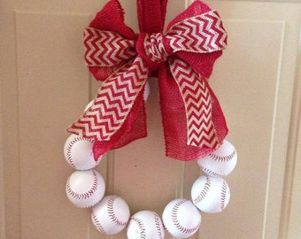 Red Chevron Burlap Ribbon Baseball Wreath
