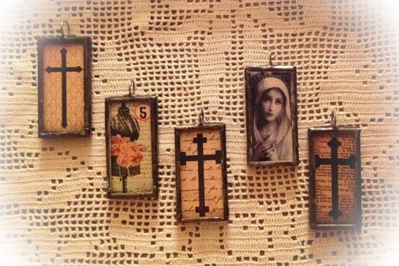 The original vintage soldered postcard jewelry pendant Crosses