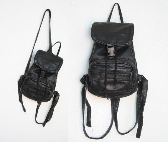 Vintage Black Leather Small Drawstring Backpack Purse