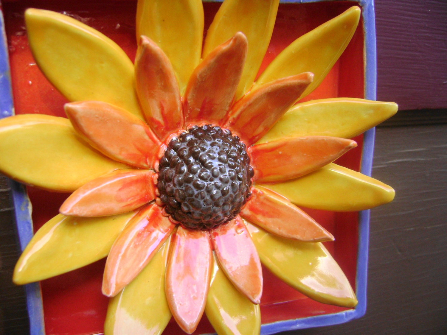 Sunflower wall decor Country ceramic shadow box handmade