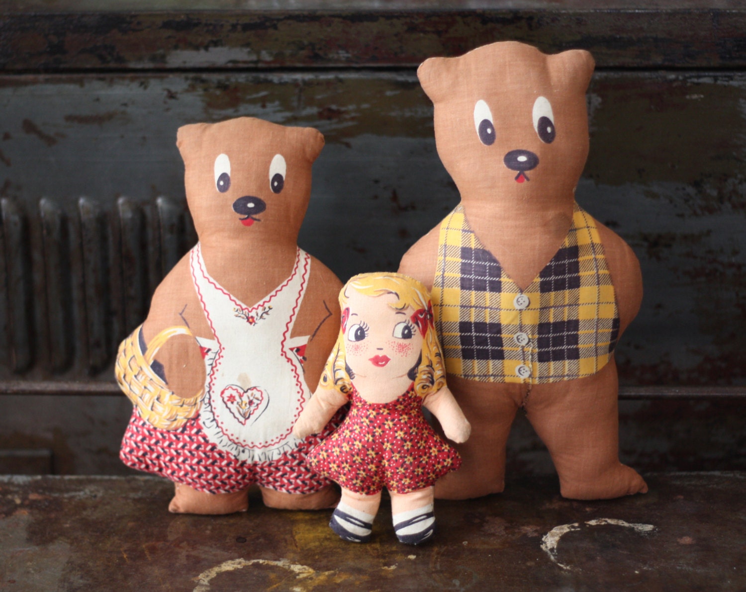 Vintage Plush Goldilocks and 2 Bears Set of Handmade Dolls