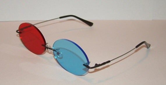 Large Red and Blue Oval cosplay costume glasses.