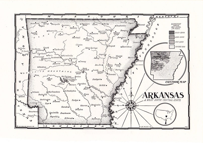 Old Map of Arkansas hand drawn map in black and white a