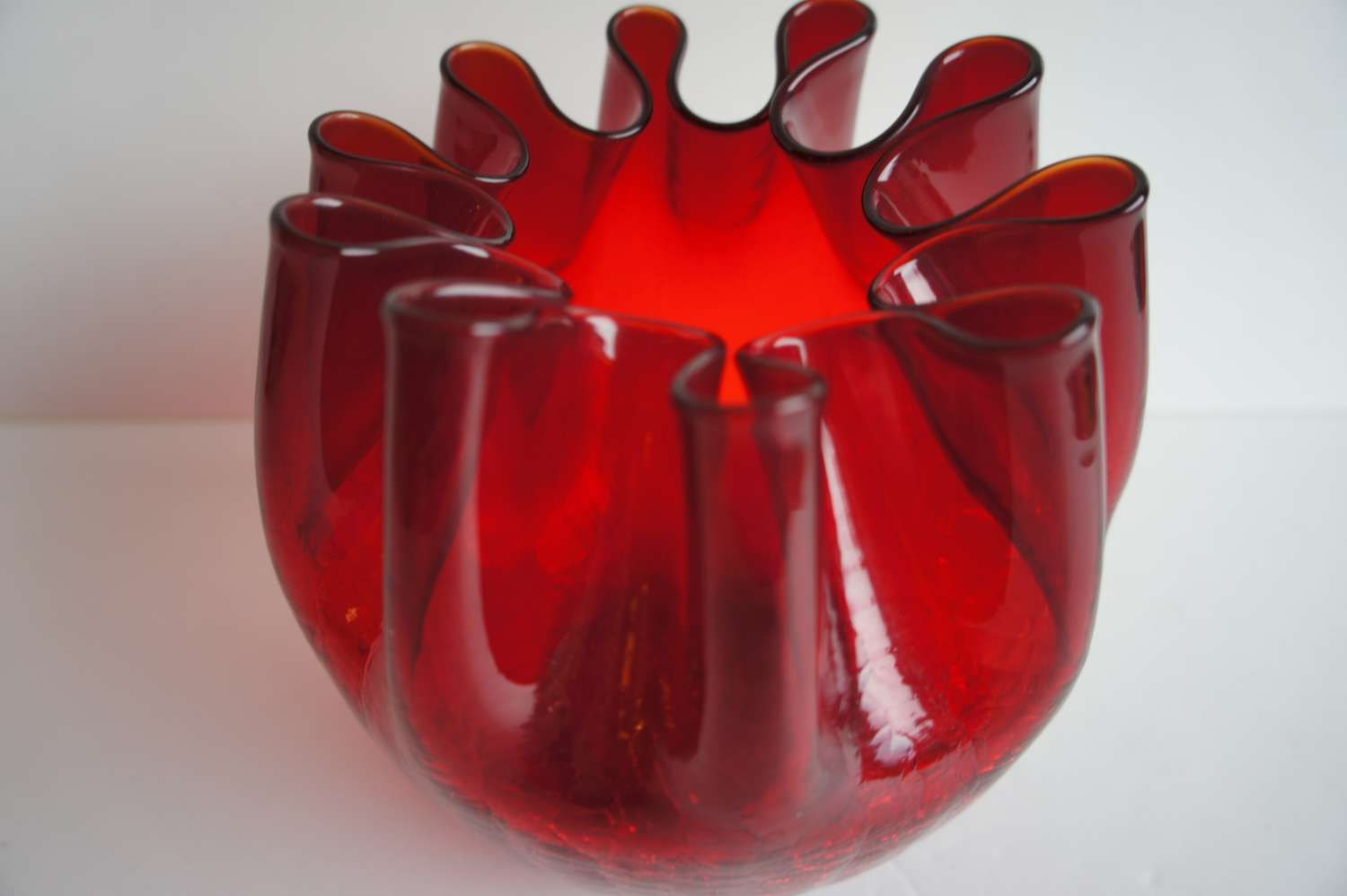 Red Crackle Glass Pinched Vase Mid Century Modern Pilgrim