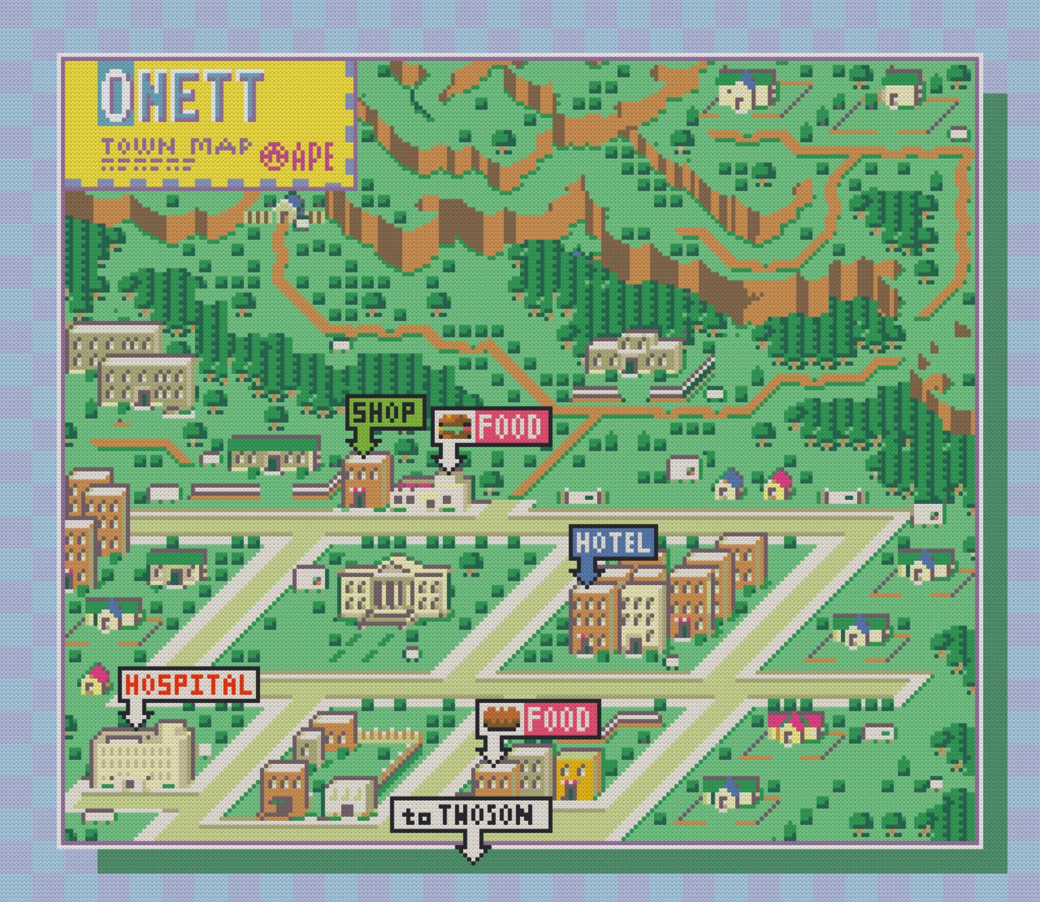 Earthbound/Mother 2 Onett Town Map Cross Stitch Pattern