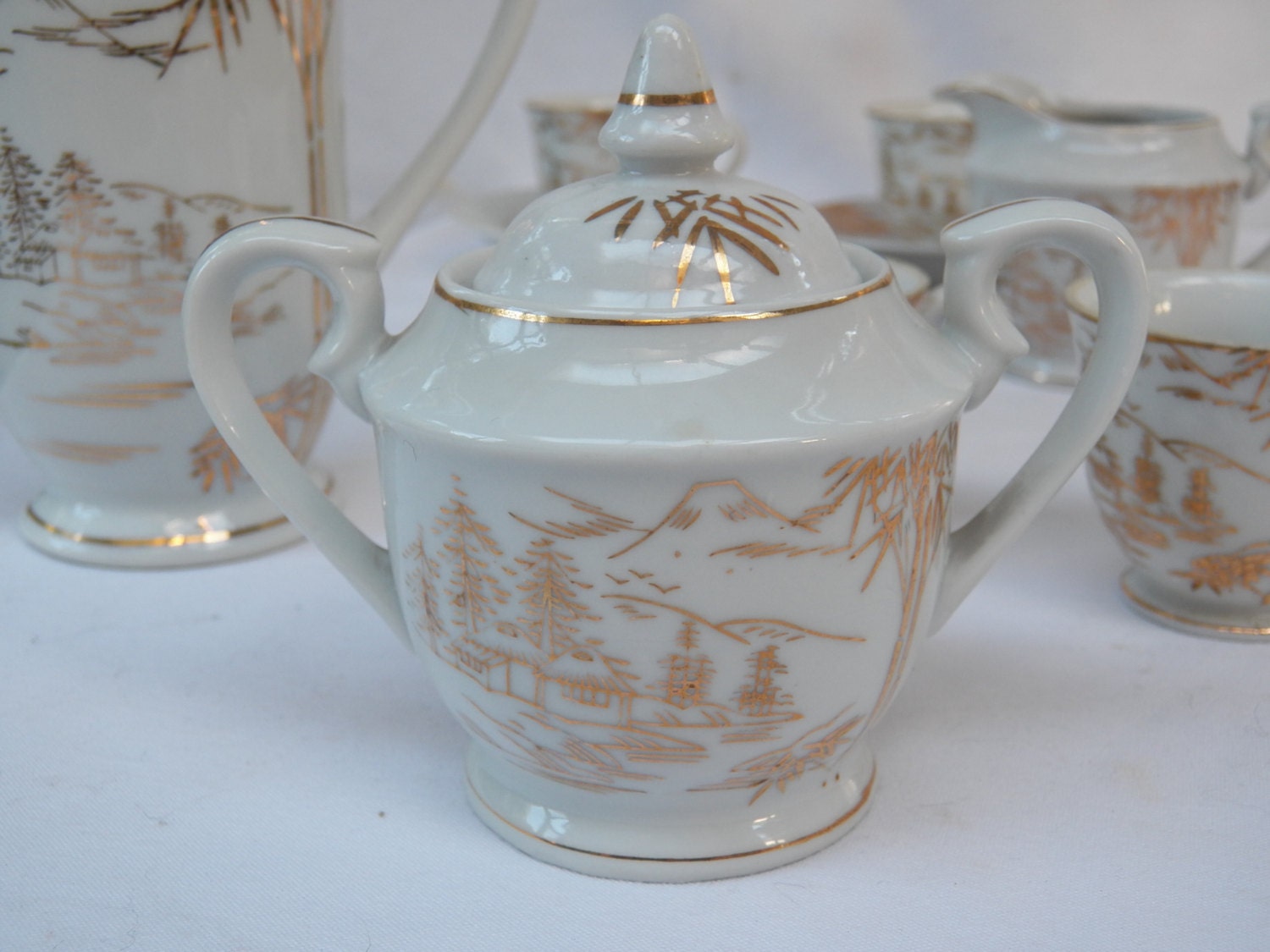 Vintage Japanese Porcelain Serving Tea Set with Geisha