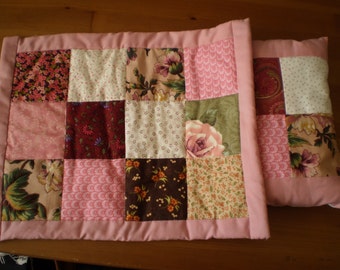 Patchwork quilted Dolls cot / pram quilt and pillow 15" x 12" ( 38 x 30 ...