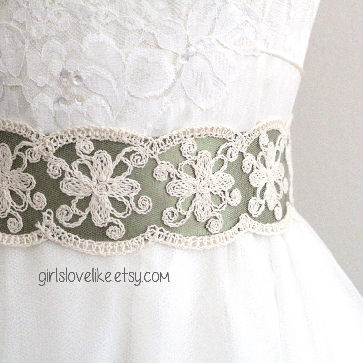 Forest Green Ribbon with Cotton Lace Sash Bridal Sash