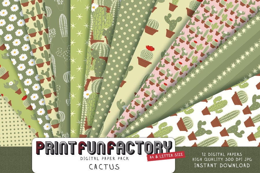 Cactus digital paper Cacti paper Cactuses by PrintFunFactory