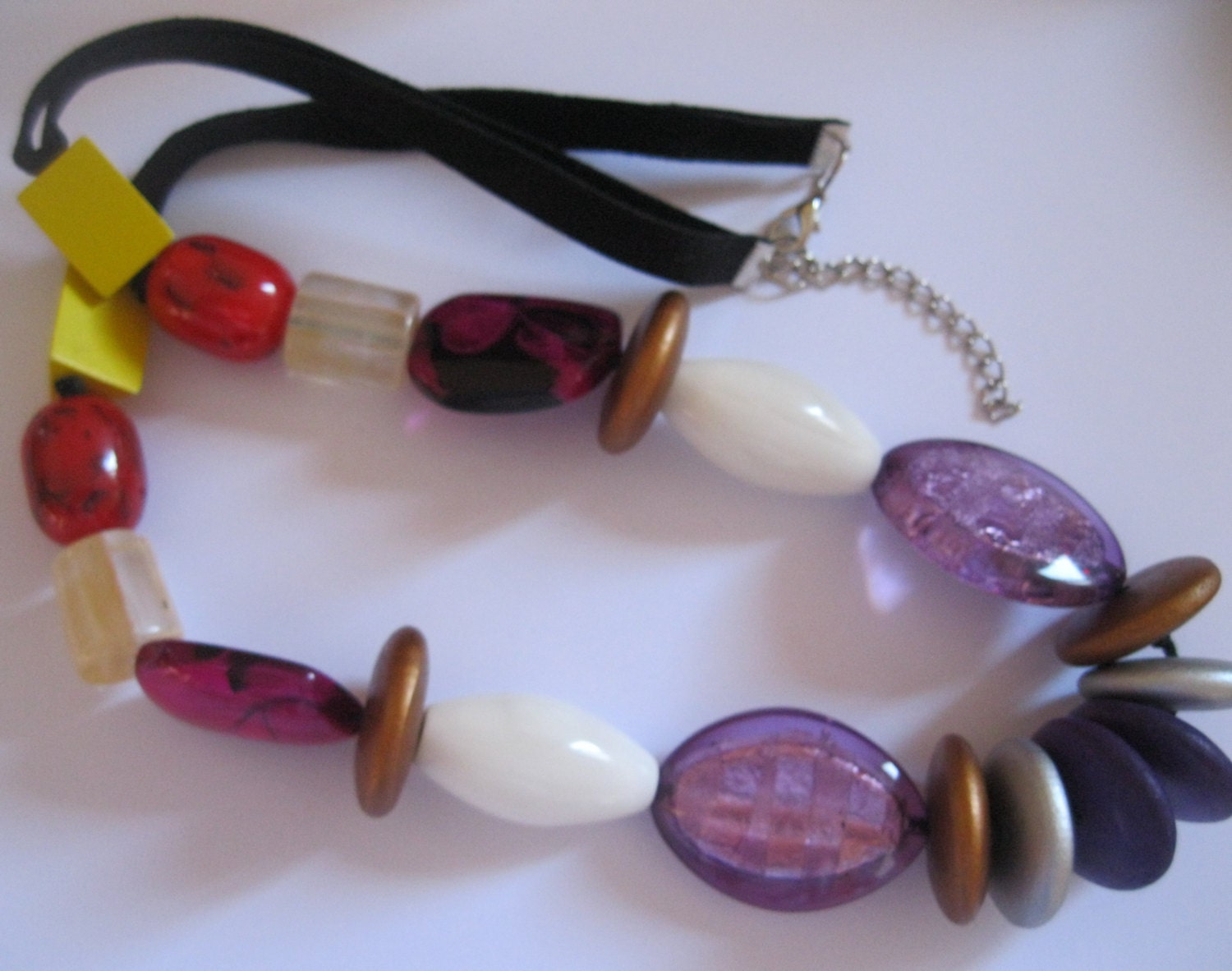 Chunky plastic and wood necklace with large beads very pretty colours ...