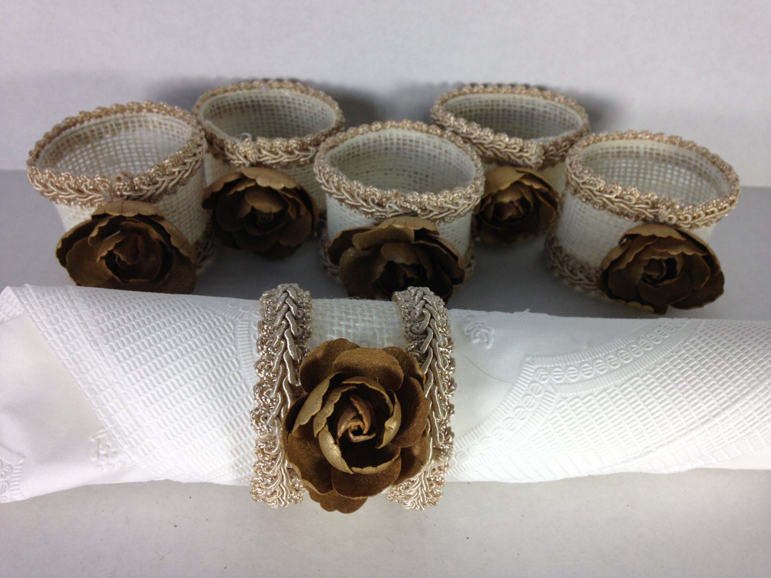 Ivory burlap napkin ring with braided trim and by simpleandsass