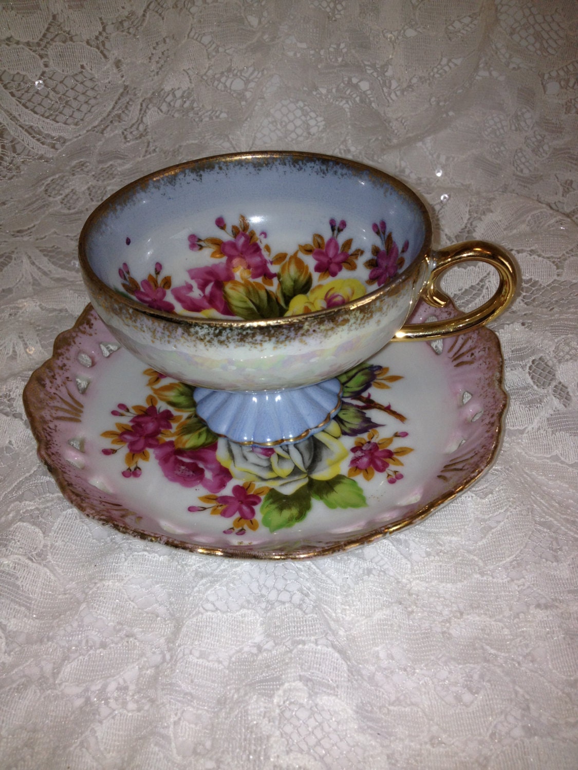 Beautiful Footed Tea Cup and Saucer with Pearl Lusterware Finish and a ...