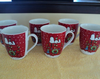 Peanuts Snoopy CHristmas Dinnerware Gibson 6 Mugs Cups
