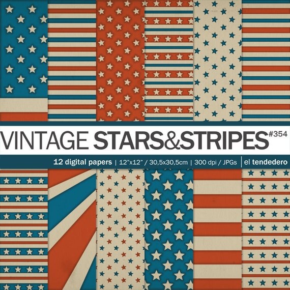 Stars and stripes digital paper pack vintage stars by eltendedero