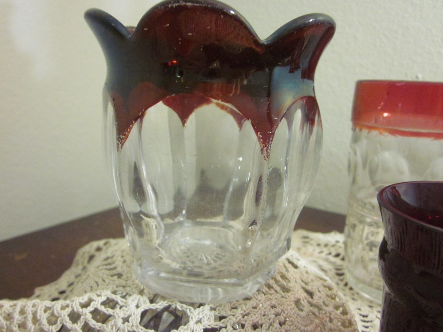 King’s Crown, Ruby thumbprint, cranberry glass 7 piece assortment ...