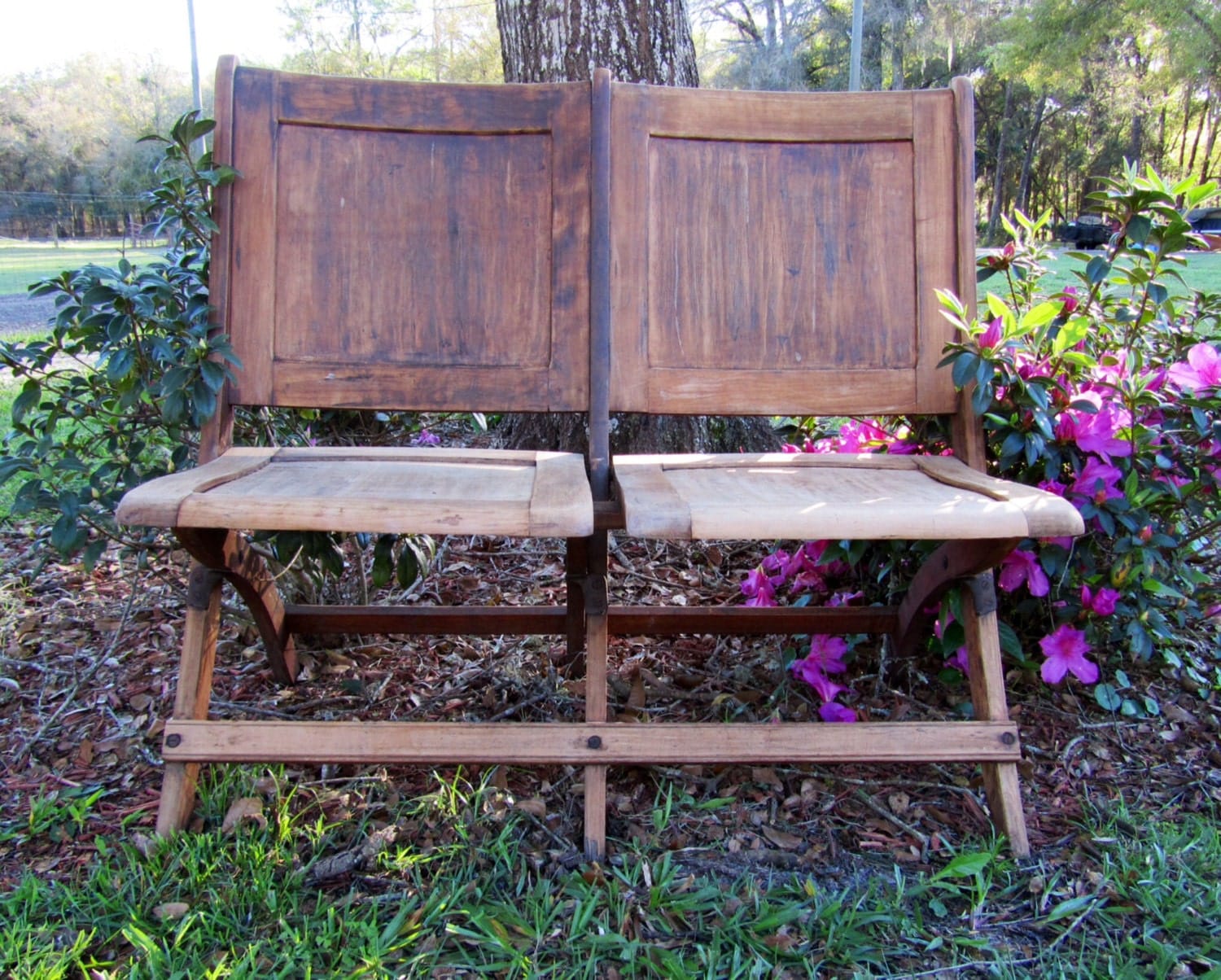 Antique Vintage Folding Solid Wood Church Pew- Two Seat Pew – Haute Juice