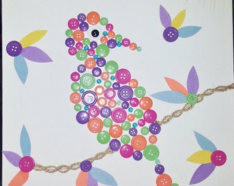 Button Art Bird on a branch Canvas craft Panel art, Baby Nursery art ...