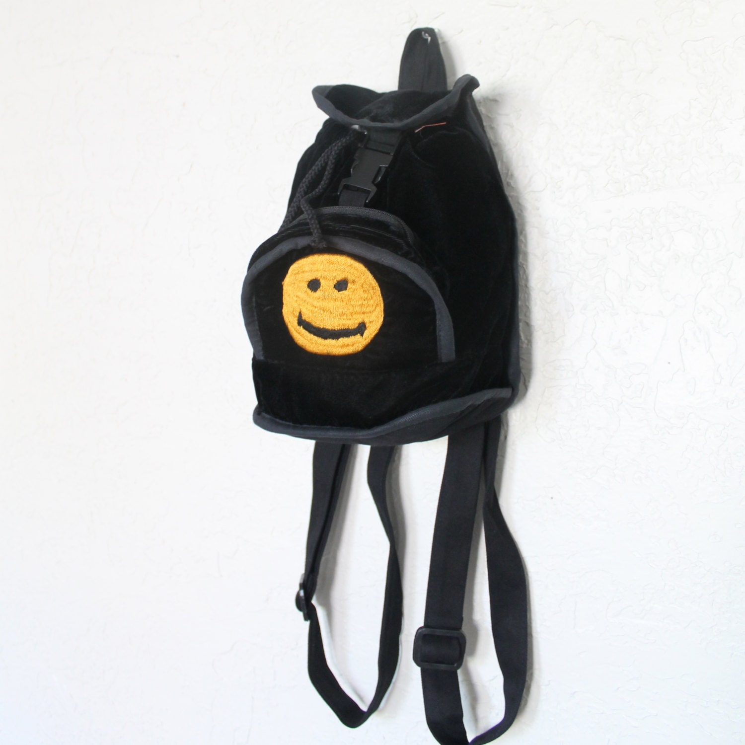 90s Black Velvet Smiley Face Backpack Bookbag // by madisonhartley
